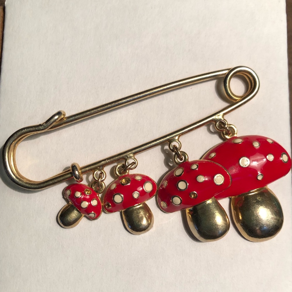 Vintage Mushroom Safety Pin Brooch - Gem